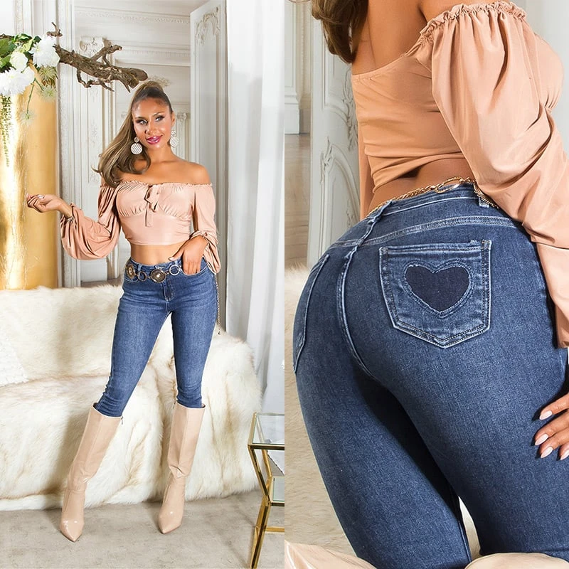 Basic Rohren Skinny High Waist Jeans mit Deko Herz 34 179110